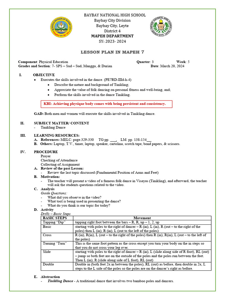 Physical Education Lesson Plan Q3 L5 | PDF