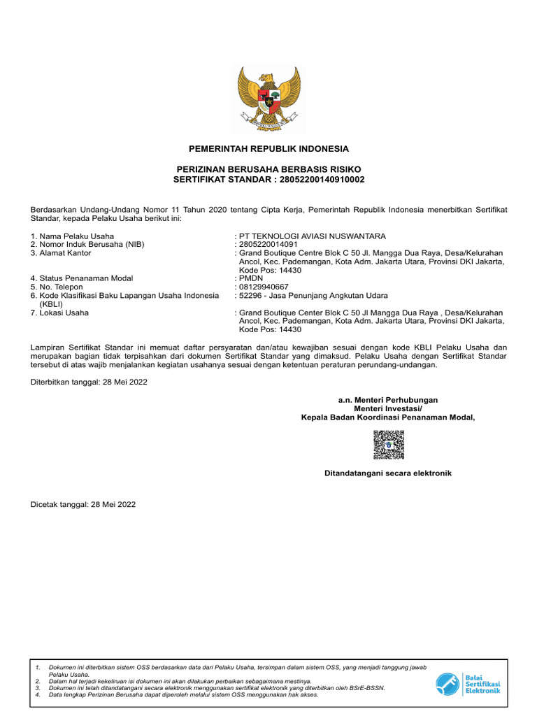 Sertifikat Standar Kbli-52296 | PDF