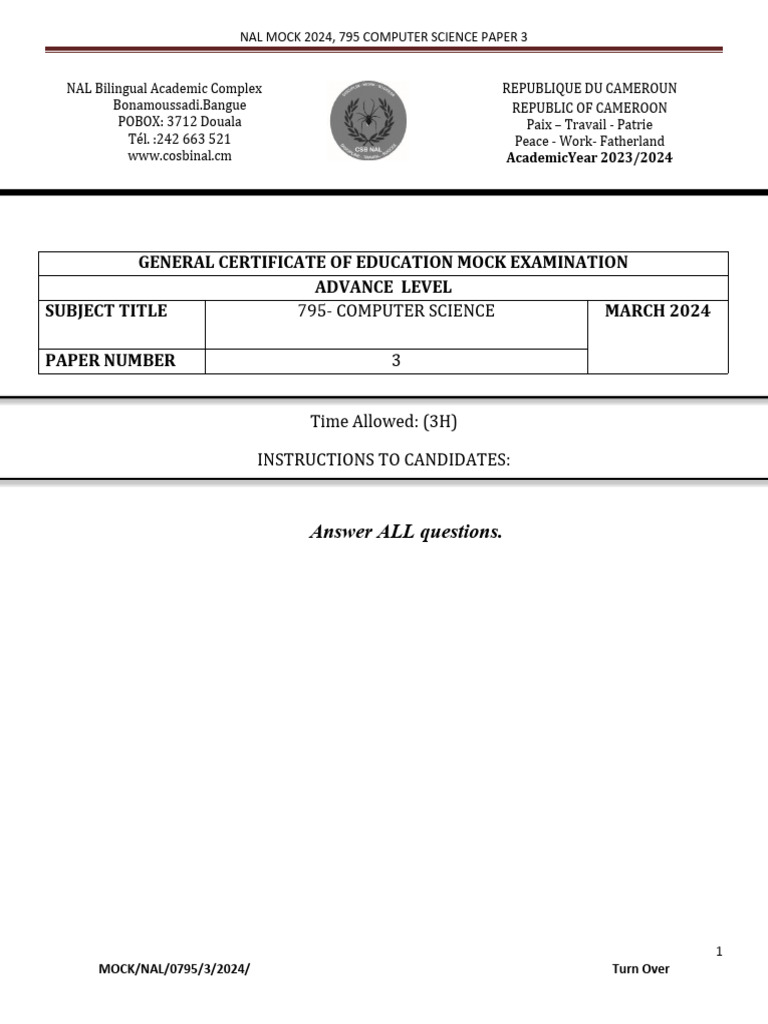 795 CSC 2022 Paper 3 Nal Mock 2024 | PDF | Databases | Sql