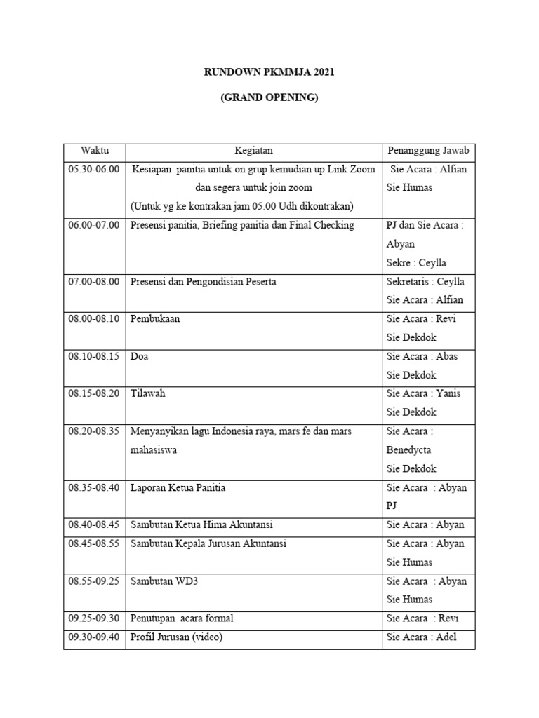 Rundown PKMMJA 2021: Grand Opening | PDF