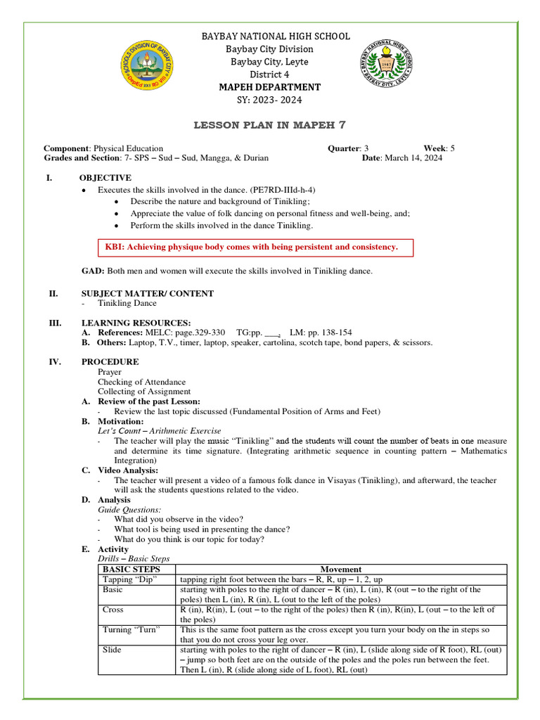 Physical Education Lesson Plan Q3 L5 | PDF