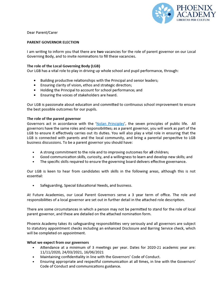 Phoenix Parent Governor Election Letter October 2020 Docx | PDF ...