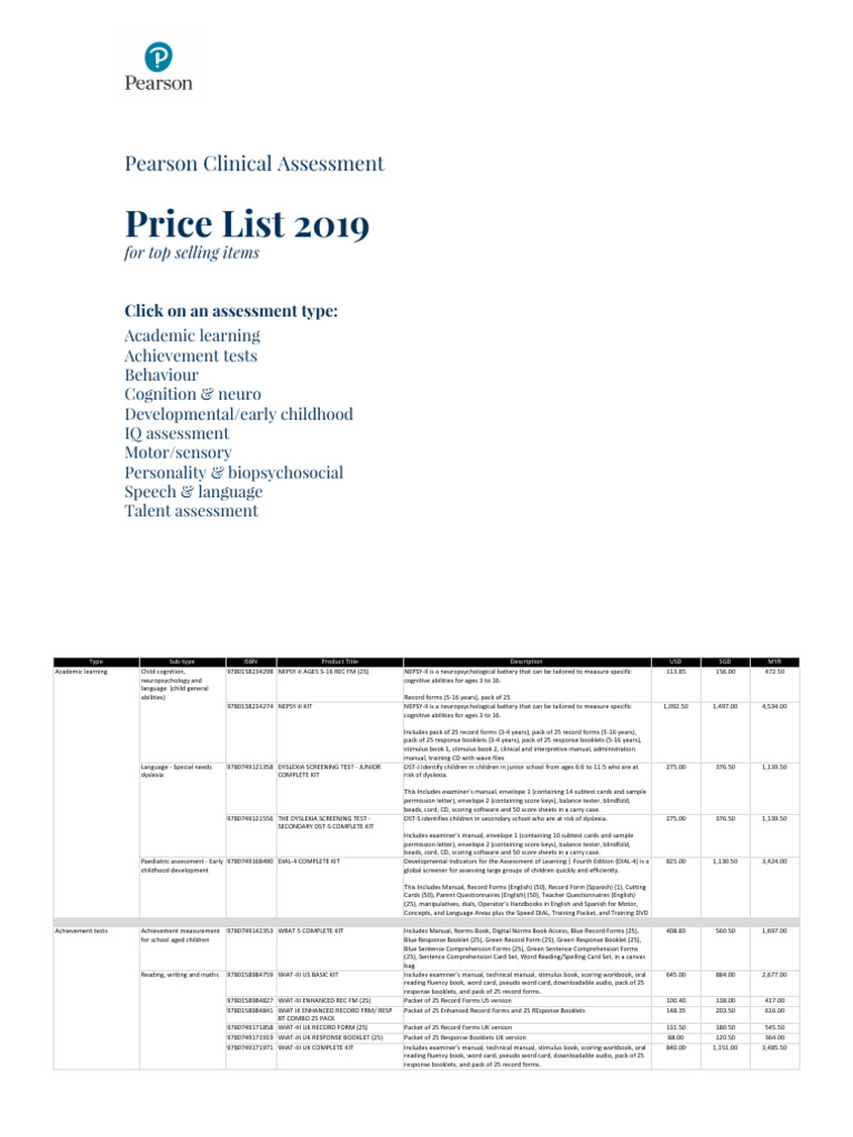Pearson Clinical Assessment Price List 2019 | PDF | Psychopathy ...