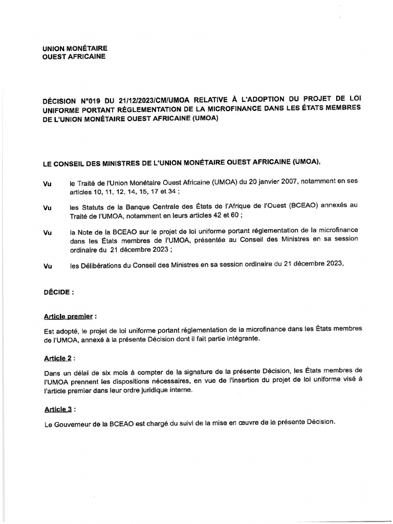 Décision N°19 Du 21 12 2023 Cm Umoa Relative à Ladoption Du Projet De