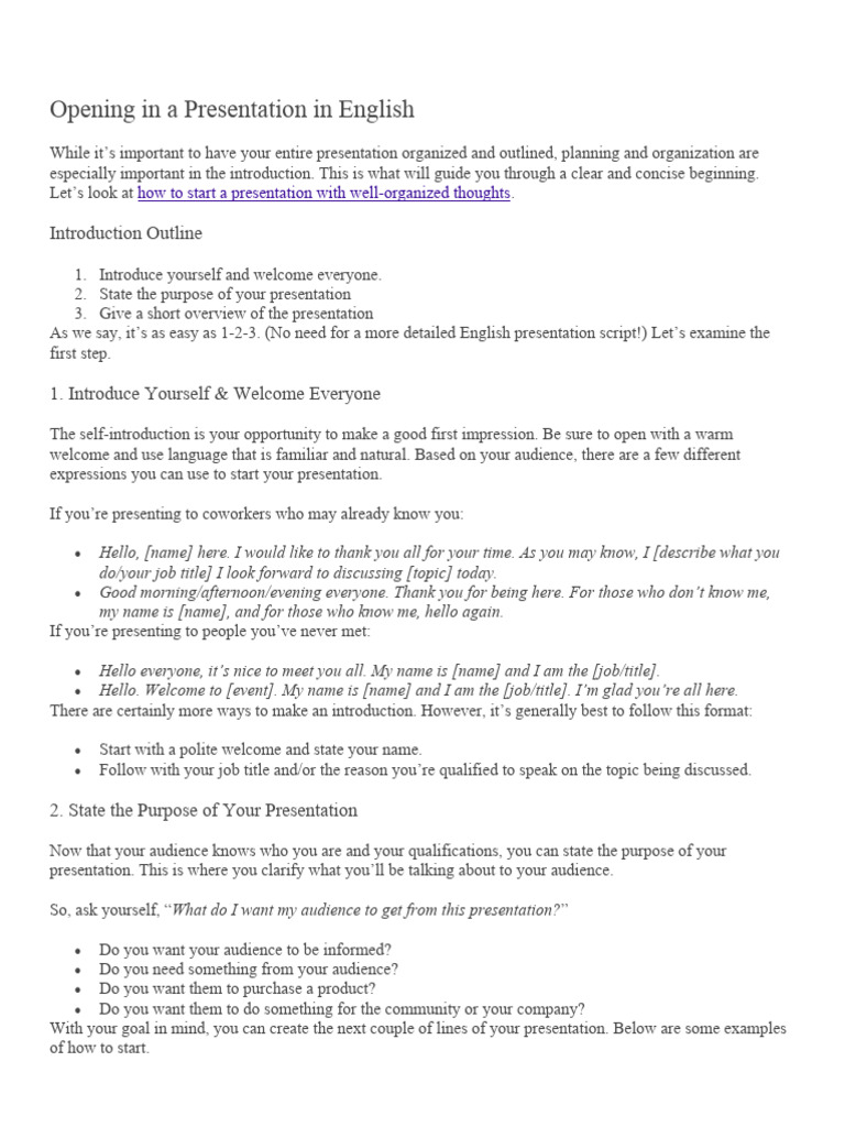 Opening in A Presentation in English | PDF | Public Speaking | Attention