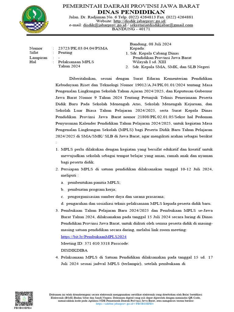 Surat Pemberitahuan MPLS 2024 | PDF