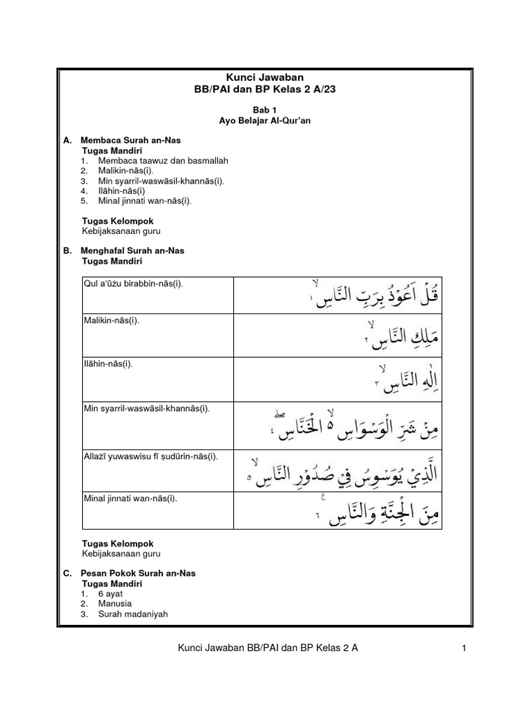 KUNCI PAI KELAS 2 SMT 1 Ikmal KUmer | PDF