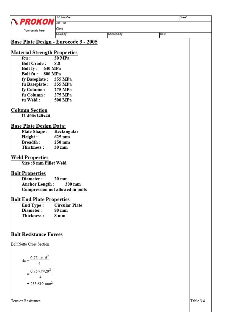 Base Plate Design - Eurocode 3 - 2005 Material Strength Properties ...