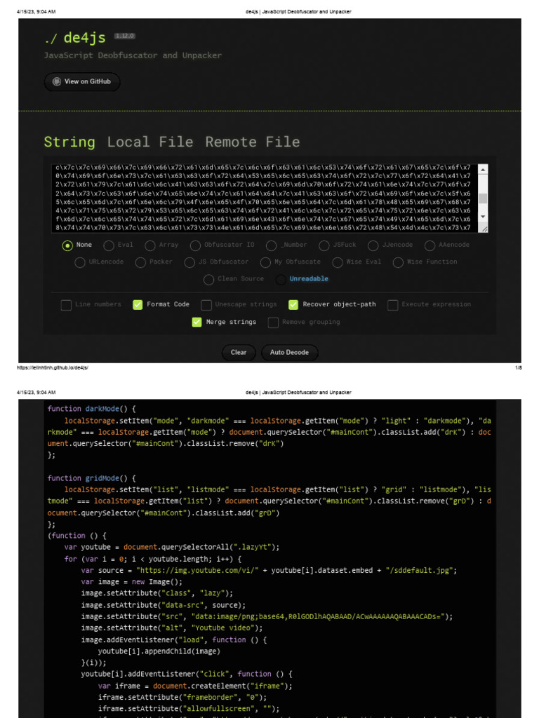 Footer Credit Decrypter De4js - JavaScript Deobfuscator and Unpacker | PDF | Notation | Software