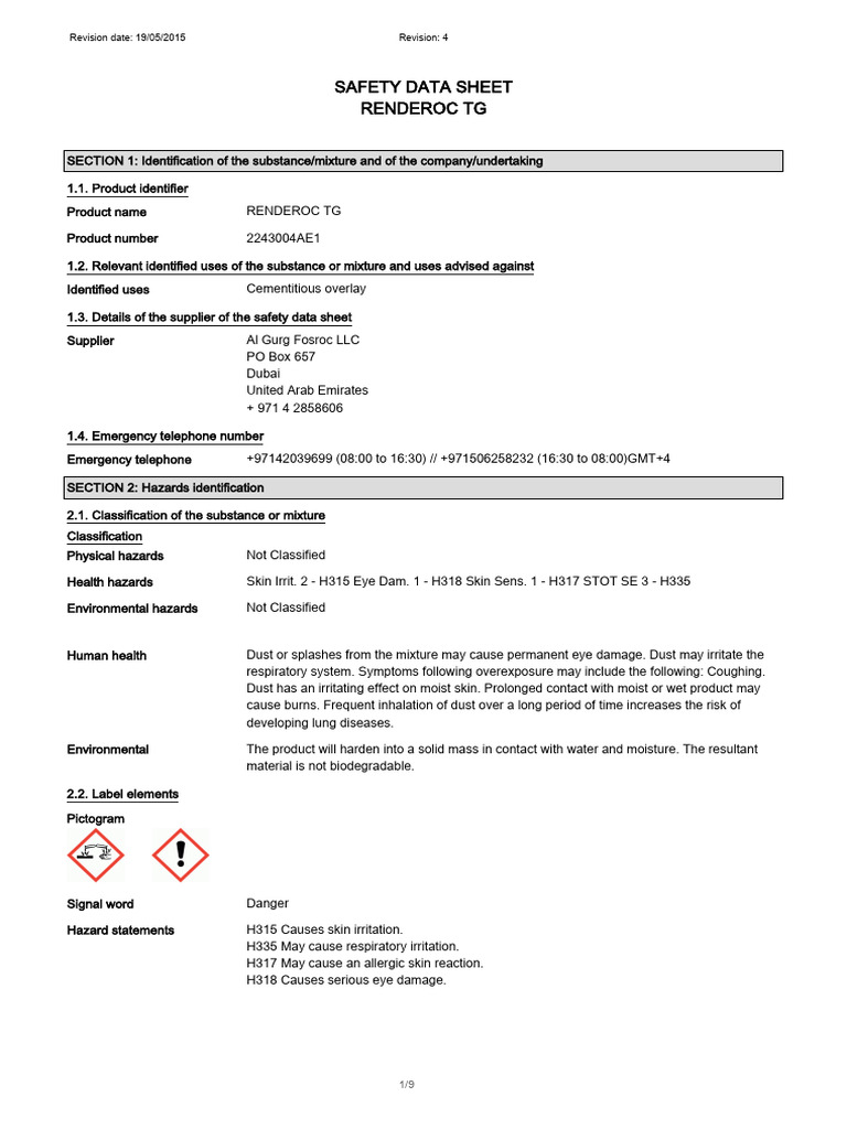 Fosroc Renderoc TG Safety Data Sheet | Download Free PDF | Dangerous ...