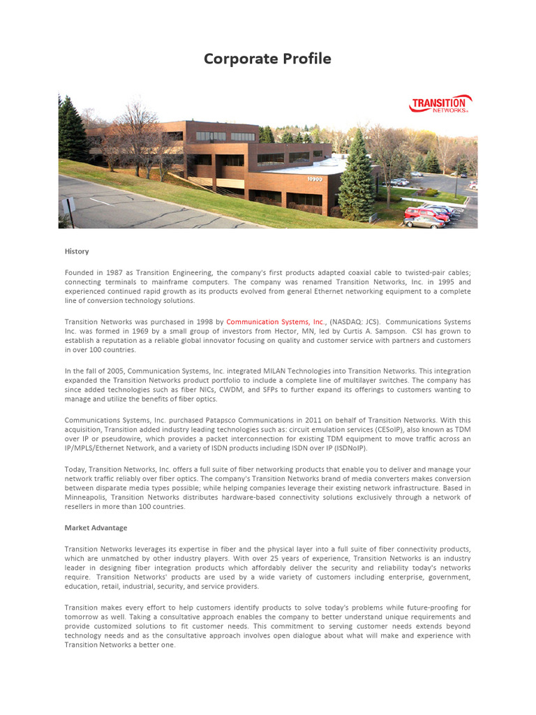 Transition Networks Corporate Profile | PDF | Computer Network | Ethernet