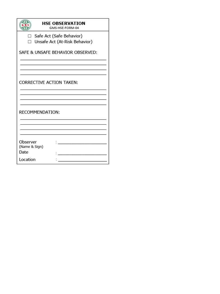 HSE Observation and Action Form | PDF | Technology & Engineering