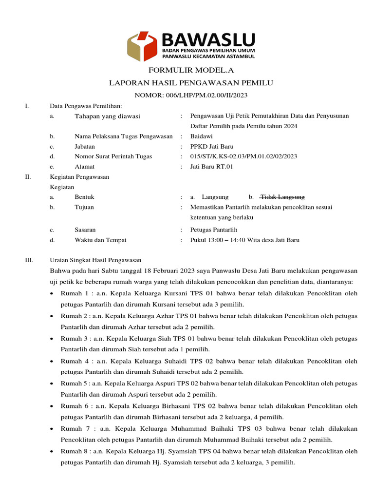 Form A Uji Petik Coklit Desa Jati Baru (18 Februari) | PDF