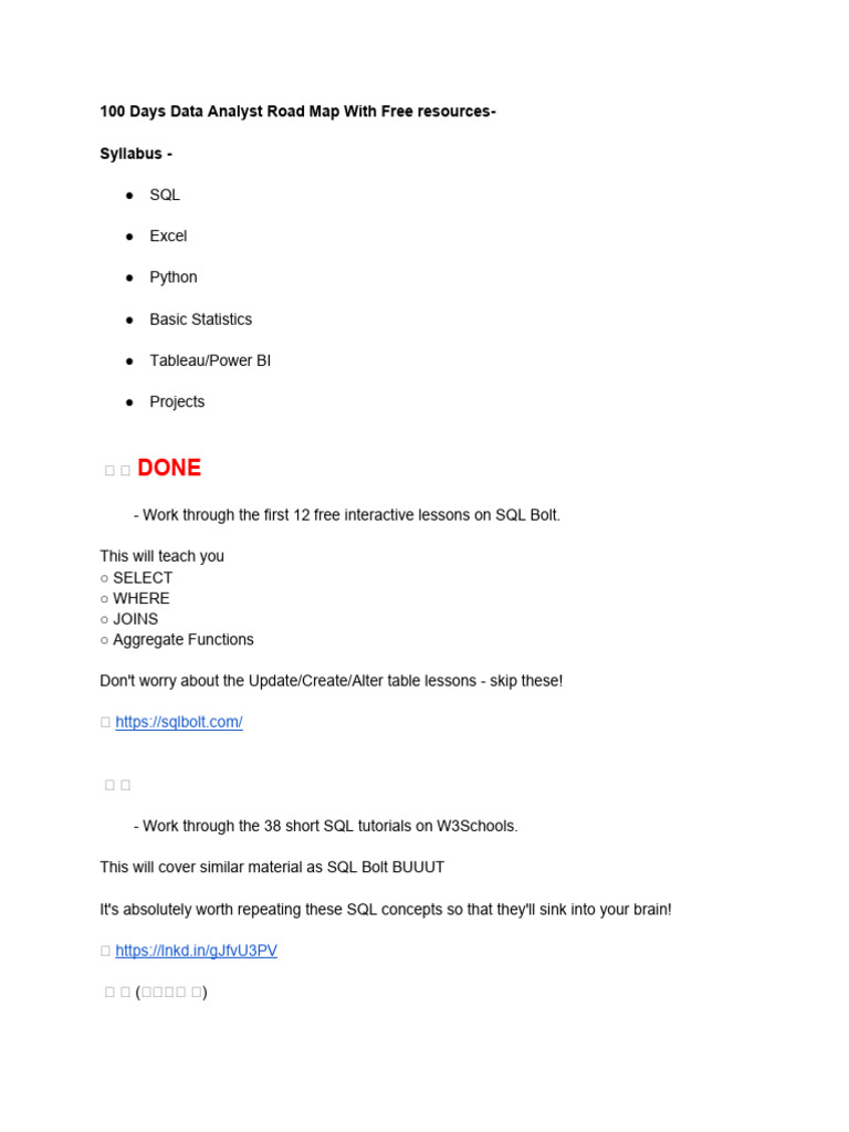 100 Days Data Analyst Road Map (Free Resource) | PDF | Data Analysis ...