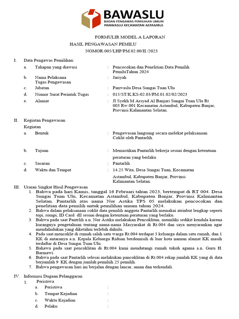 Form A 005 (16-02-2023) Pengawasan Melekat Coklit - Sungai Tuan Ulu | PDF