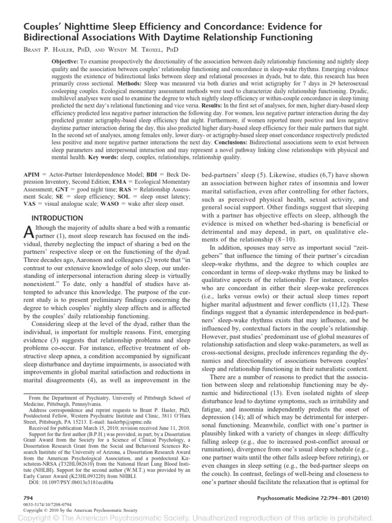 Couples' Nighttime Sleep Efficiency and Concordance: Evidence For Bidirectional Associations ...