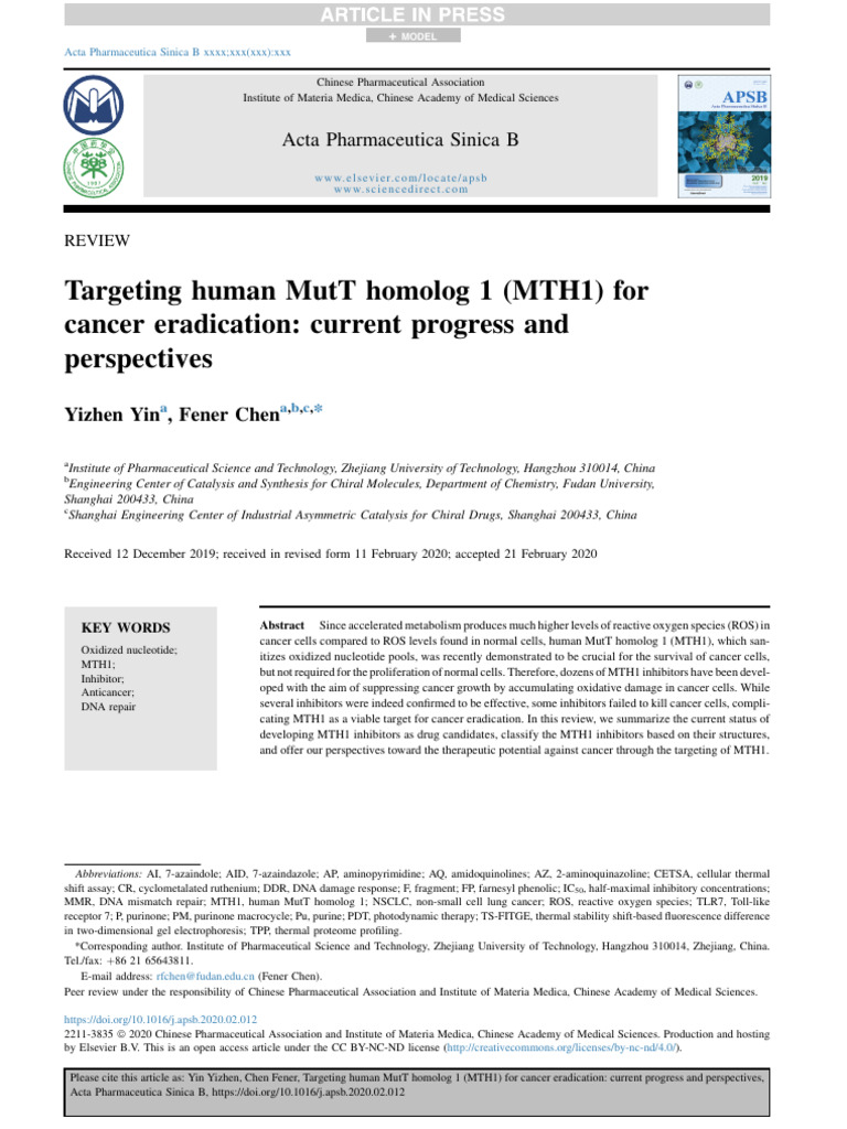 Targeting Human MutT Homolog 1 (MTH1) For Cancer Eradication: Current ...