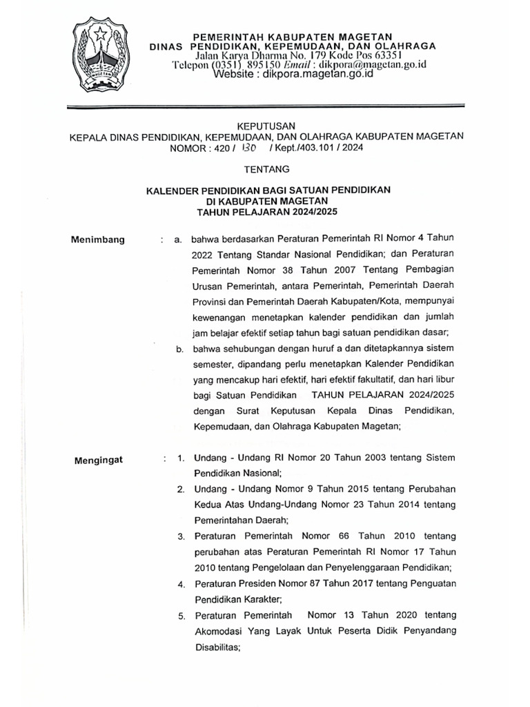 SK Kepala Dinas Pendidikan Kepemudaan Dan Olahraga Kab. Magetan Tentang ...