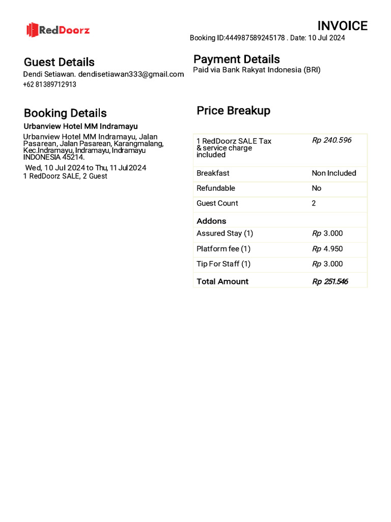 Invoice for Dendi Setiawan's Stay | PDF