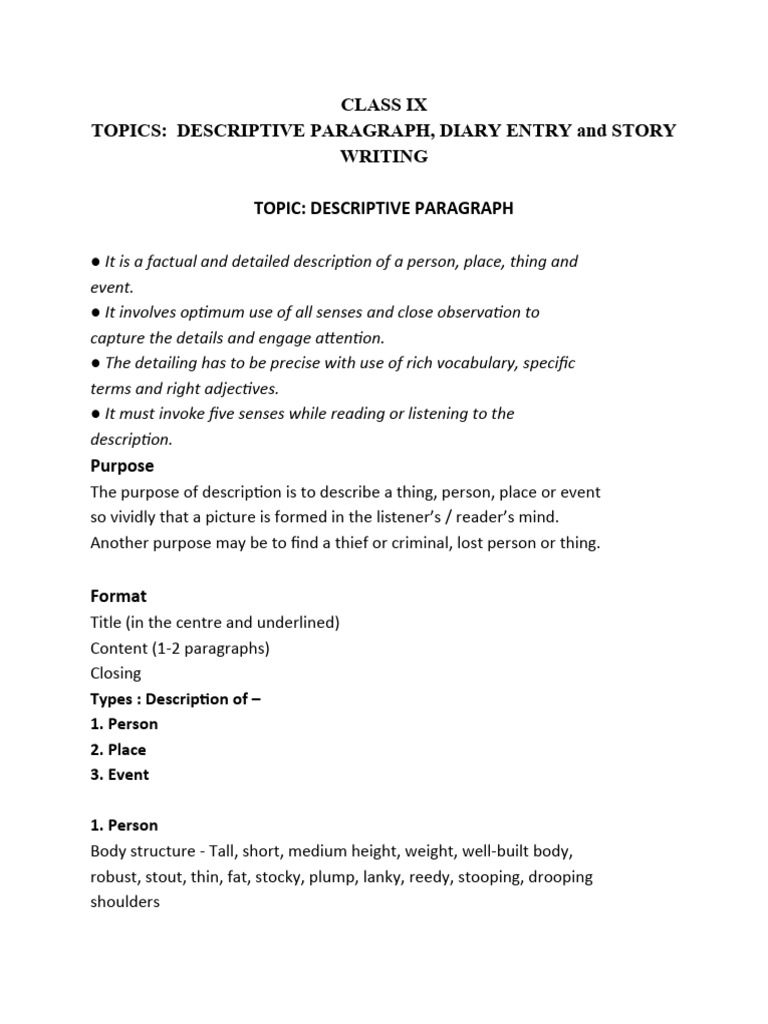 DESCRIPTIVE PARAGRAPH_ DIARY_STORY WRITING (1) | PDF