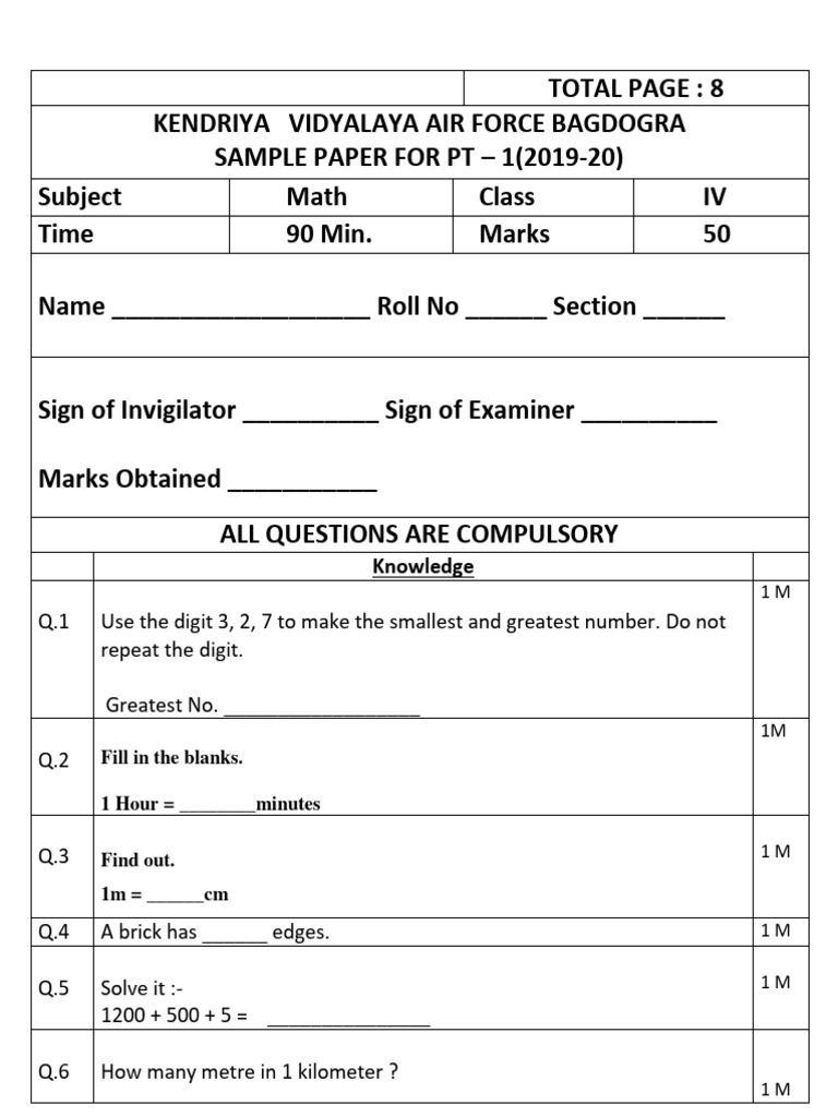 KVS Class 4 PT1 Exam Maths Sample Question Paper 2019 by KV Bagdogra | PDF