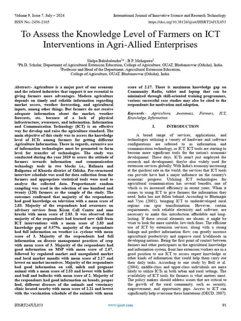 Farmers' ICT Knowledge in Agriculture | PDF | Cattle | Information And ...