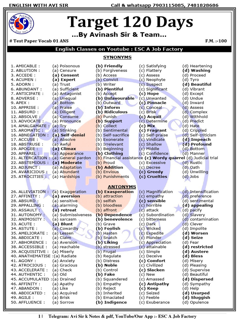 Target English Vocab Test 01 Ans | PDF