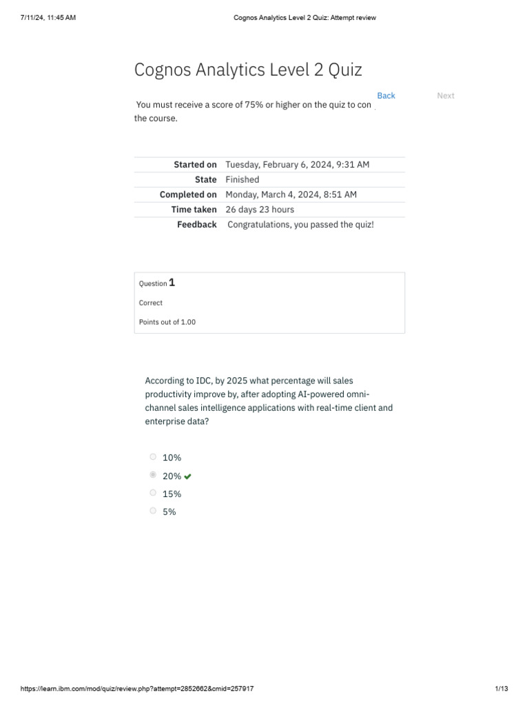 Cognos Analytics Level 2 Quiz_ Attempt review | PDF | Analytics | Business Intelligence