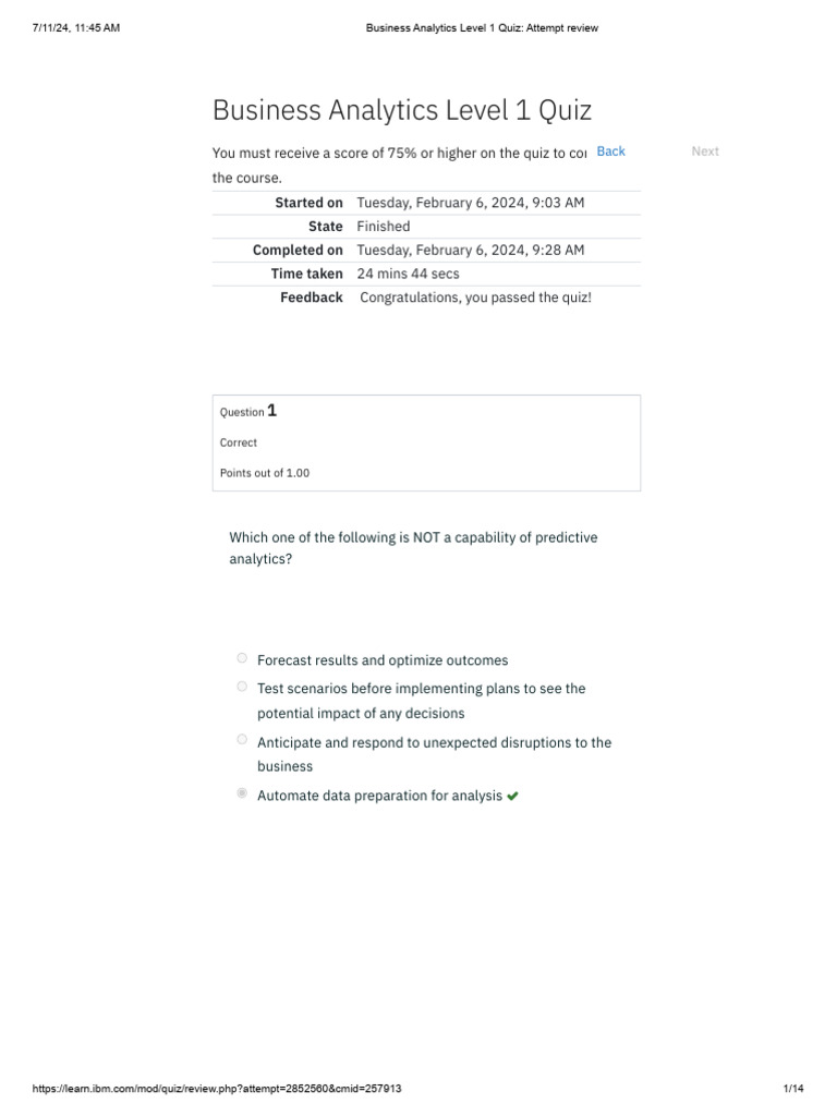 Business Analytics Level 1 Quiz_ Attempt review | PDF | Analytics | Cloud Computing