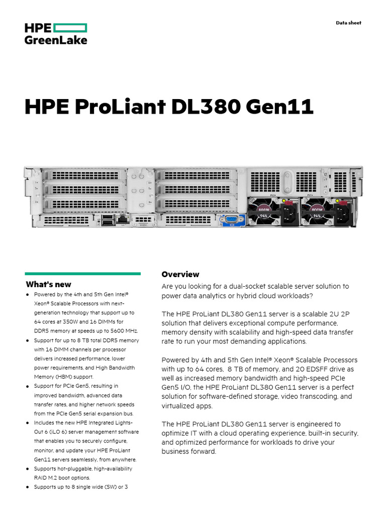 1.HPE ProLiant DL380 Gen11 Datasheet | PDF | Cloud Computing | Scalability