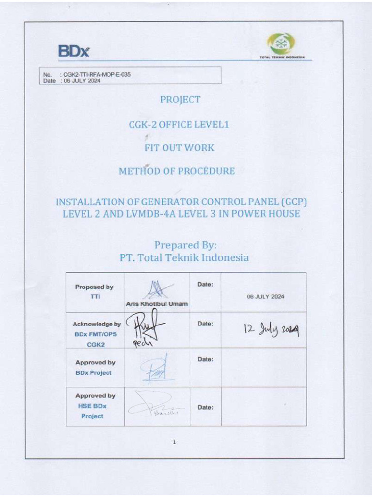 CGK2-TTI-RFA-MOP-E-35 Installation of Gneratol Control Panel (GCP) Level 2 and LVMDB-4A Level 3 ...