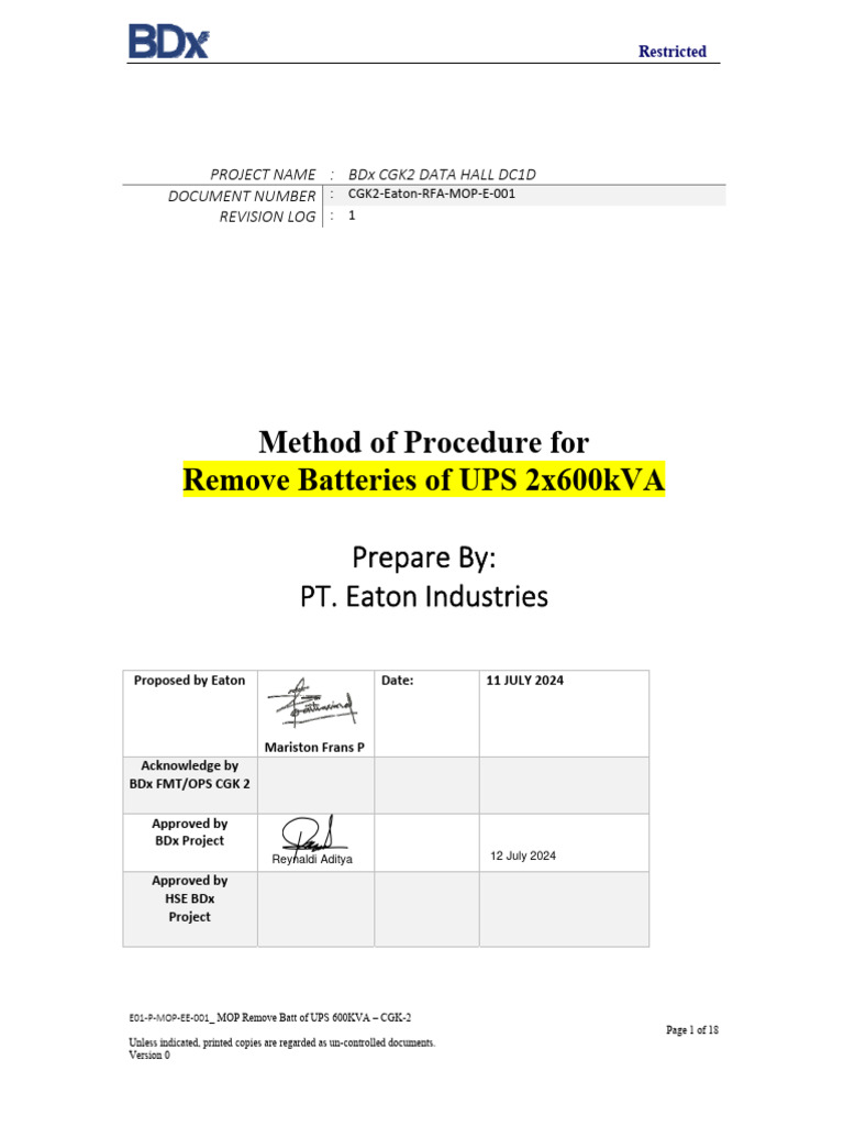 E01-P-MOP-EE-001 - MOP Remove Batteries of UPS 2 X 600kva - CGK-2 BSD ...