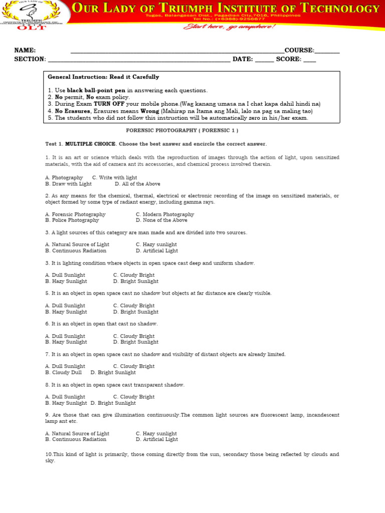 Forensic 1 Questionare Prelim | PDF | Light | Color