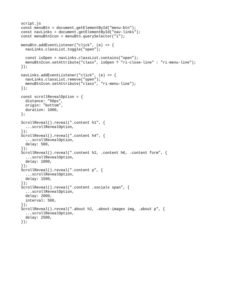 JavaScript Menu Toggle and Scroll Reveal | PDF