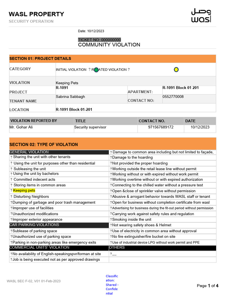 3rd Reapeated Violation Report - Keeping Pet - R-1091 Block 01 201 - 11-07-2024 | PDF | Lease