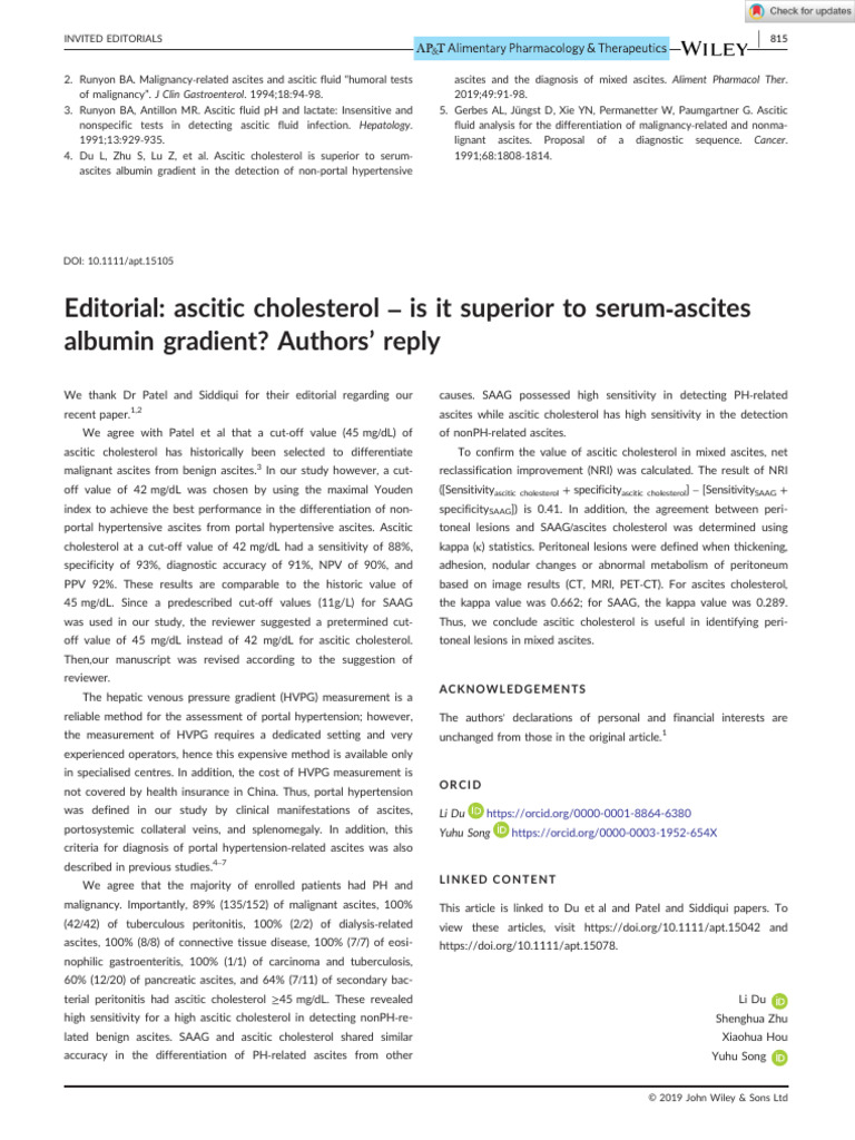 Aliment Pharmacol Ther - 2019 - Du - Editorial Ascitic Cholesterol Is ...