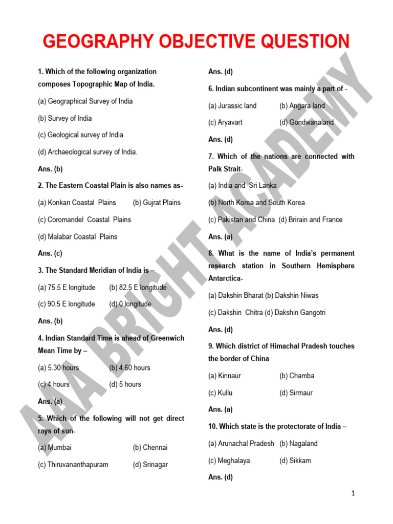 Geography Objective Questions for India | PDF | Atmosphere | Earth