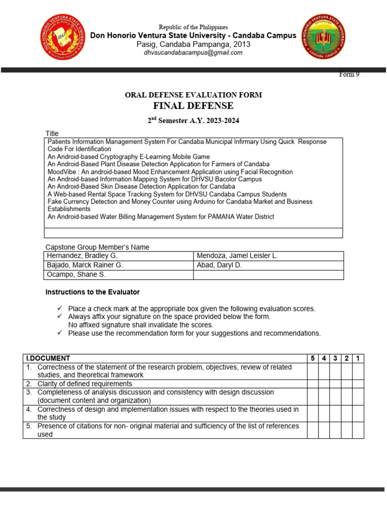Form 9 Evaluation Form Final Oral Defense | PDF | Usability | Software