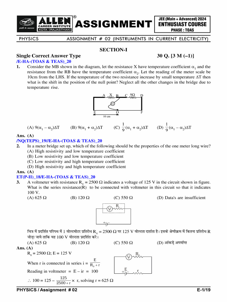 02 # Assignment - With Solution (Instruments in Current Electricity) 21 June | PDF