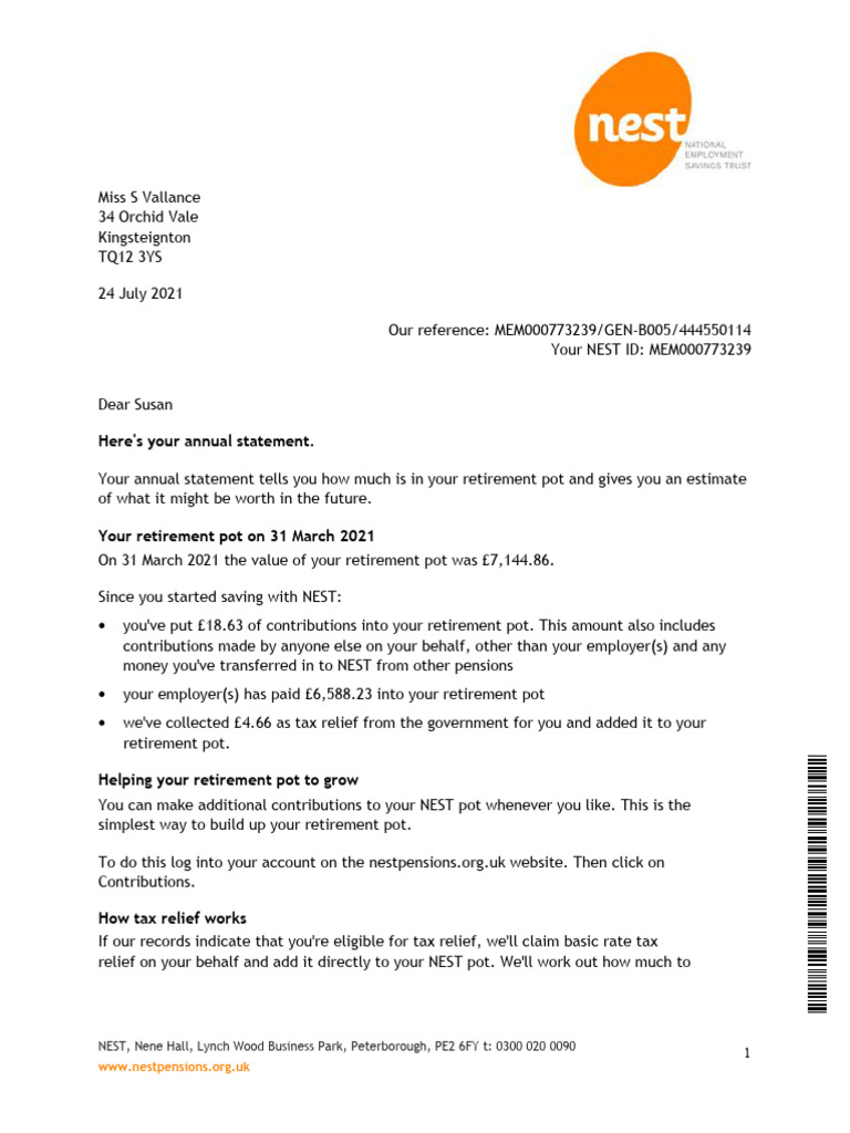 NEST Pension Annual Statement 2021 | PDF | Retirement | Pension