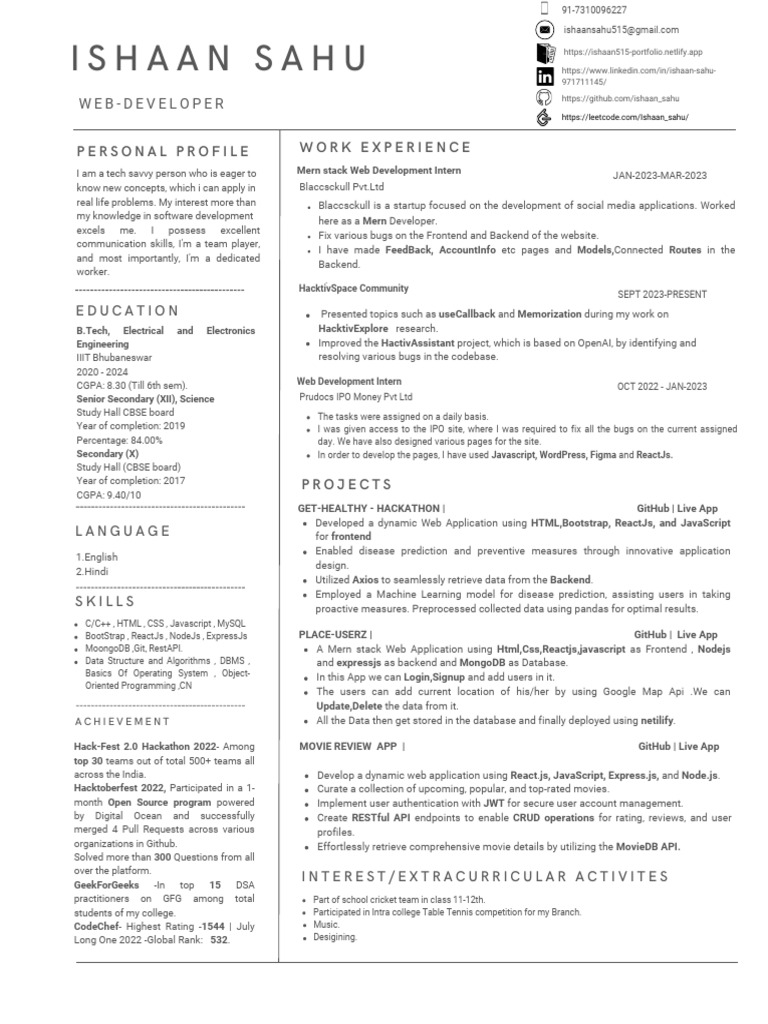 Ishaan Sahu: Web Developer Profile | PDF | Databases | Mobile App