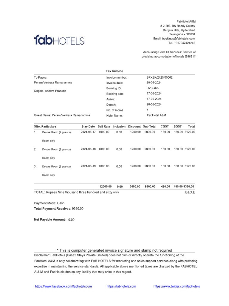 Fab Hotel Bill | PDF