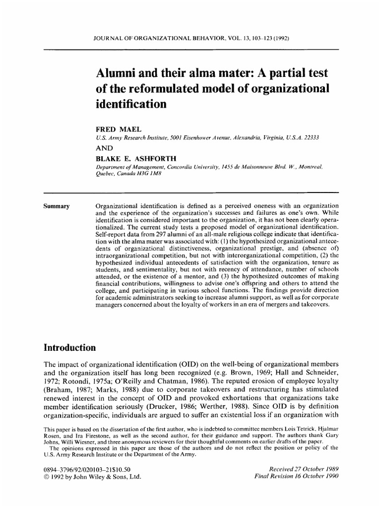 J Organ Behavior - March 1992 - Mael - Alumni and Their Alma Mater A ...