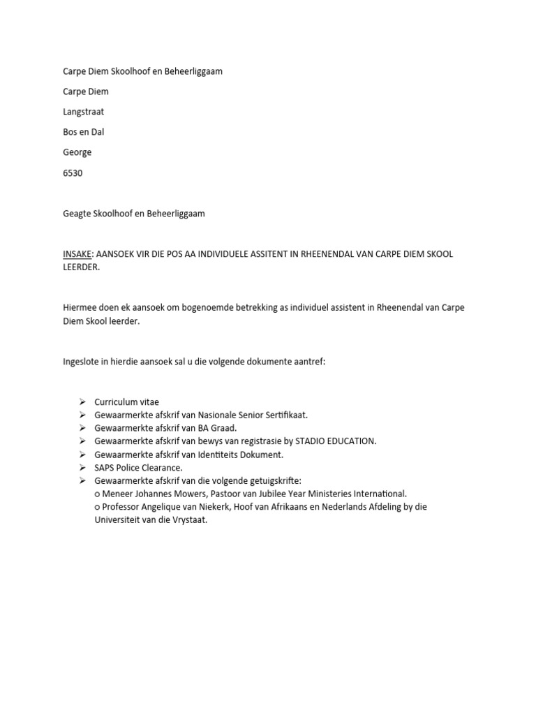Aansoek Brief | PDF