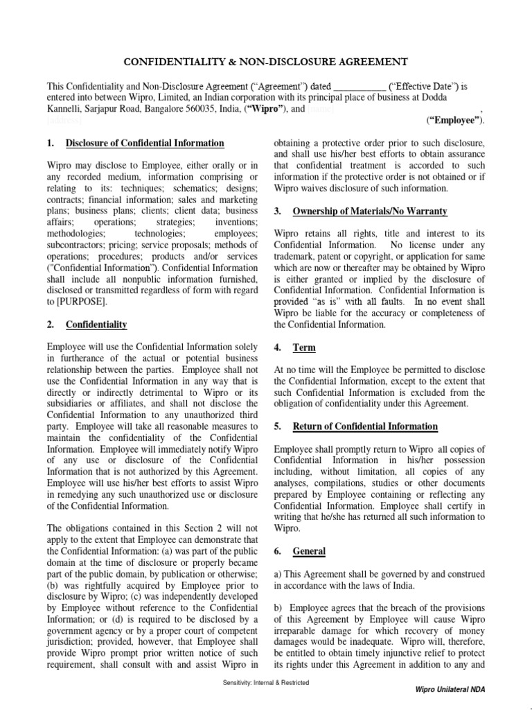 Wipro - Unilateral Employee NDA - Oneway | PDF | Non Disclosure Agreement | Confidentiality