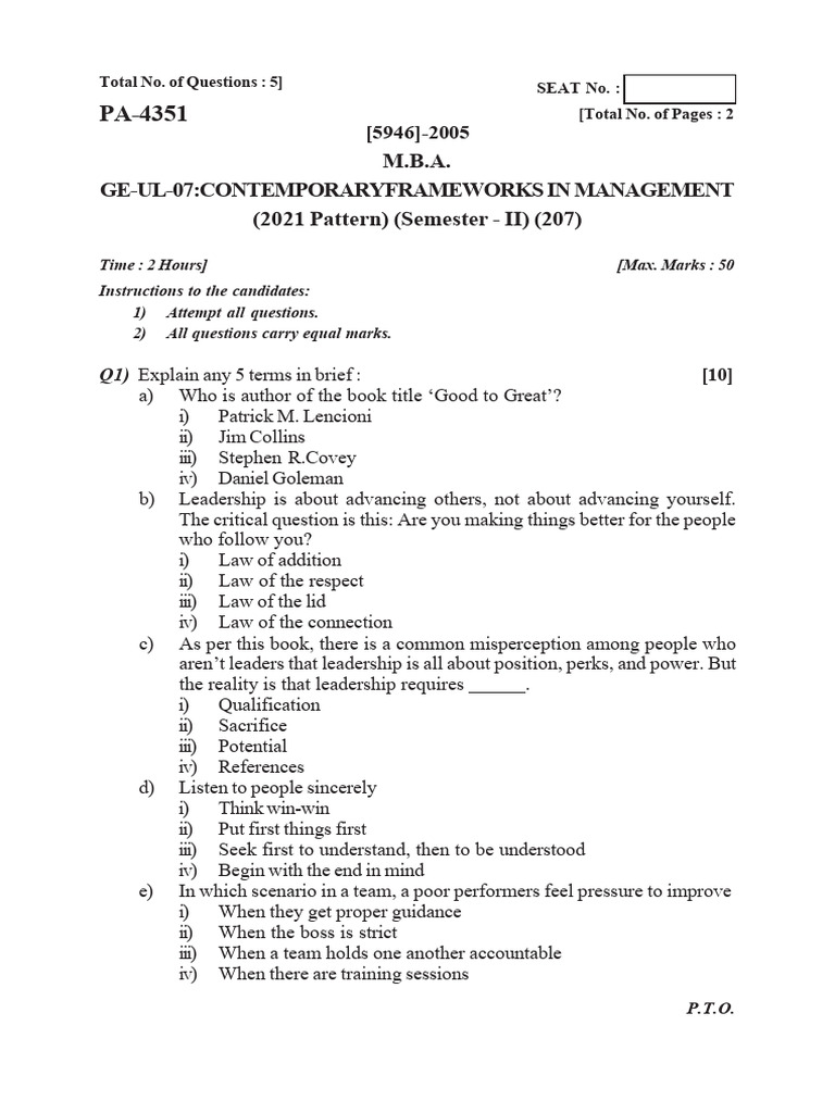 CFM Answer Key Oct 2022 M.B.A (2019 PATTERN) | PDF | Emotional ...