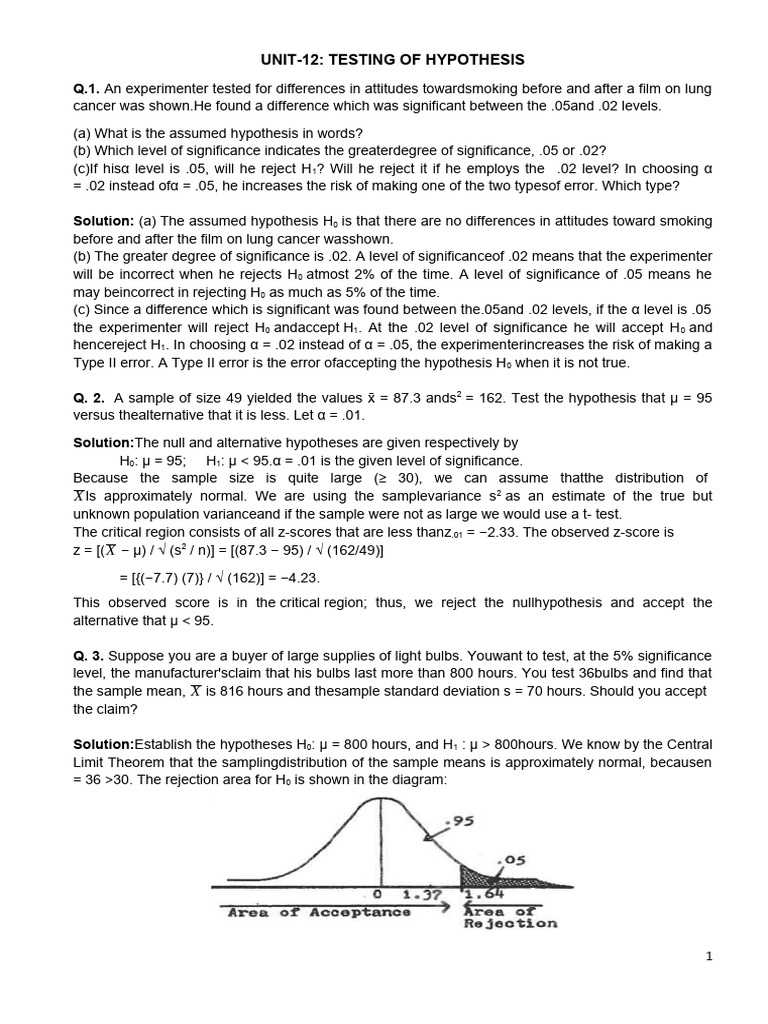 Units 12 13 14 Hypothesis Testing Numerical Pdf Type I And Type Ii Errors Normal Distribution
