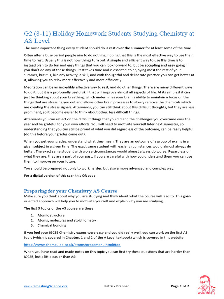 AS Chemistry Summer Prep Guide | PDF | Chemistry