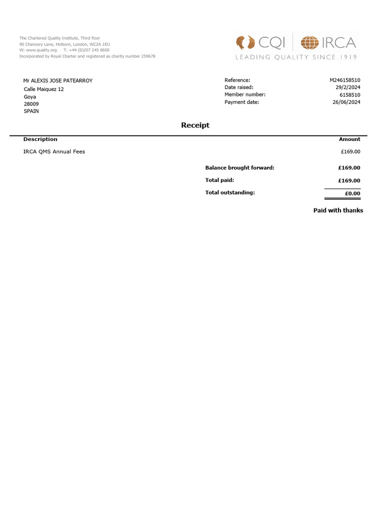 IRCA - Receipt - QMS - 6158510 International Real Auditor London | PDF