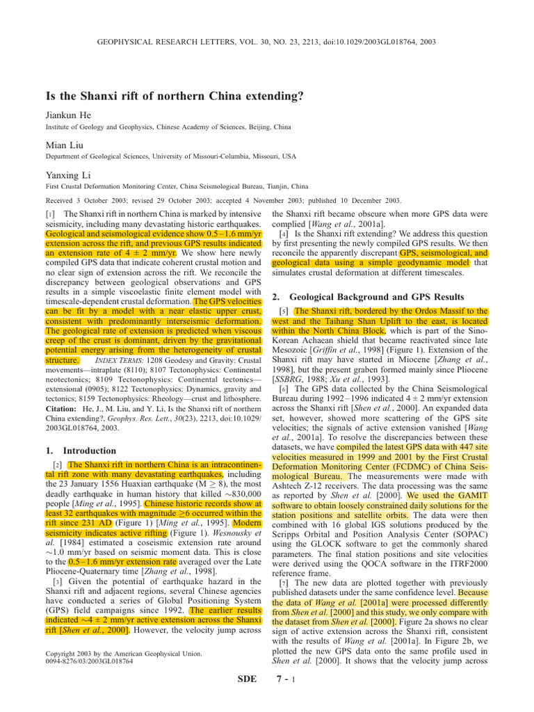 Is the Shanxi rift of northern China extending | PDF | Viscosity | Rift